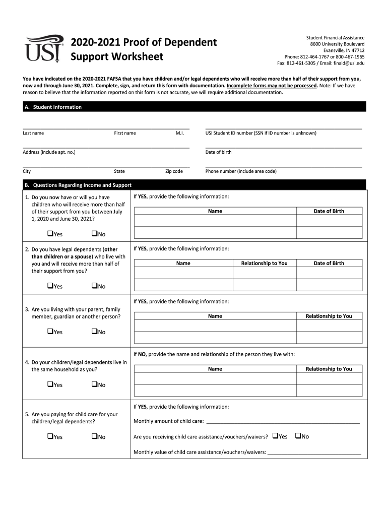 Fillable Online 2020-2021 Proof of Dependent Support Worksheet Fax ...