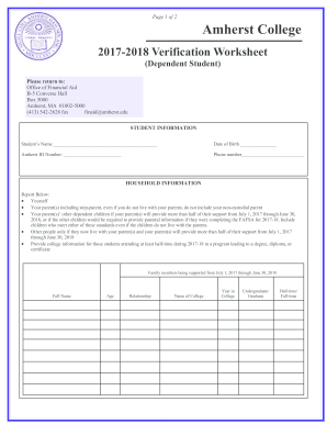 Fillable Online 2017-2018 Verification Worksheet. 2017-2018 Verification Worksheet Fax Email ...