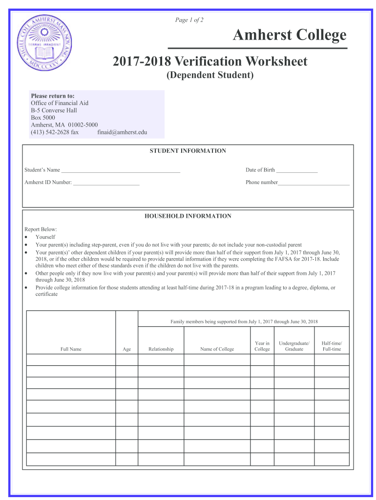Fillable Online 2017-2018 Verification Worksheet. 2017-2018 ...