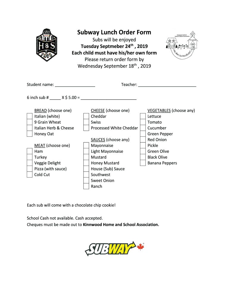 Fillable Online Subway Lunch Order Form - Lambton Kent District School ...