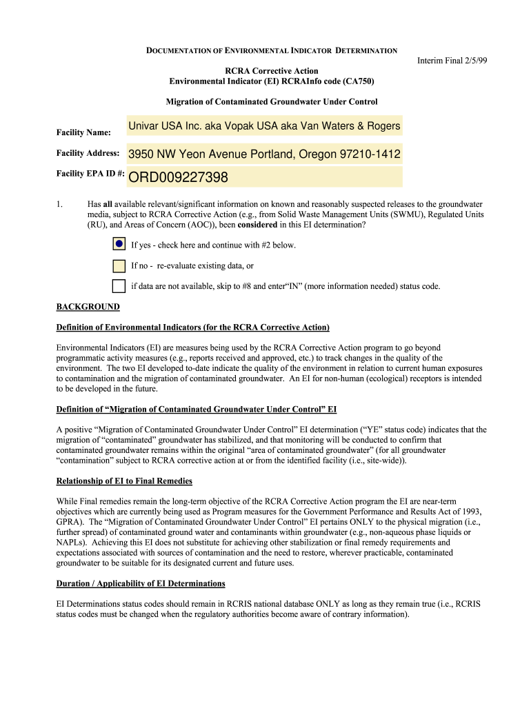 Fillable Online EPA RCRAInfo Enviromental Indicator Code 750 ...