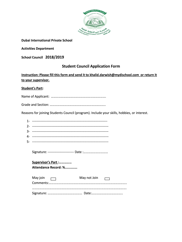 Fillable Online Student Council Application Form - Dubai International ...