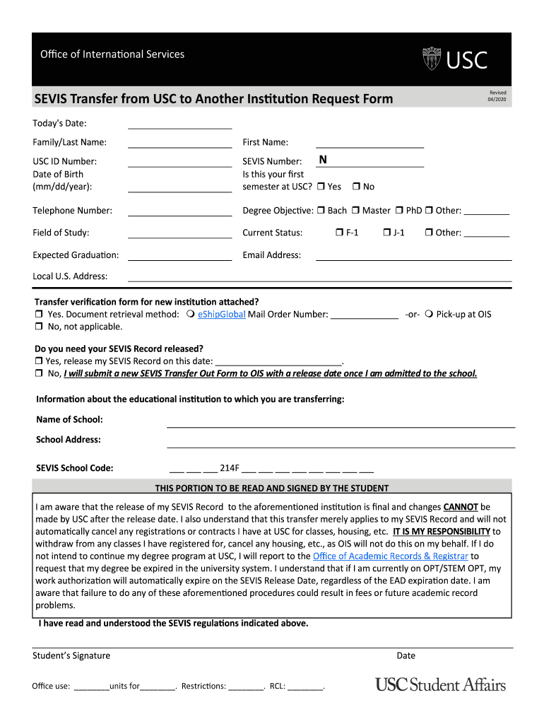 Fillable Online SEVIS Transfer from USC to Another Institution Request ...