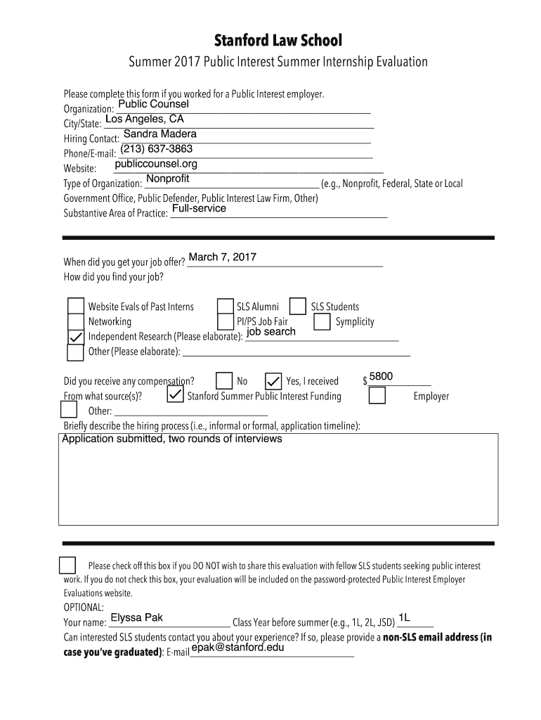 Fillable Online Summer 2017 Public Interest Summer Internship ...