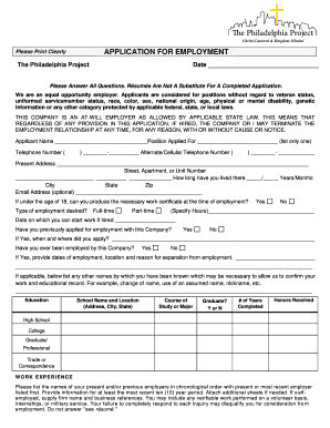 Fillable Online APPLICATION FOR EMPLOYMENT - The Philadelphia Project ...