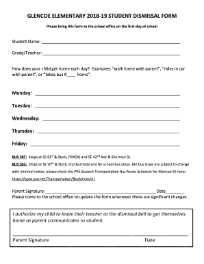 Fillable Online glencoe elementary 2018-19 student dismissal form Fax ...