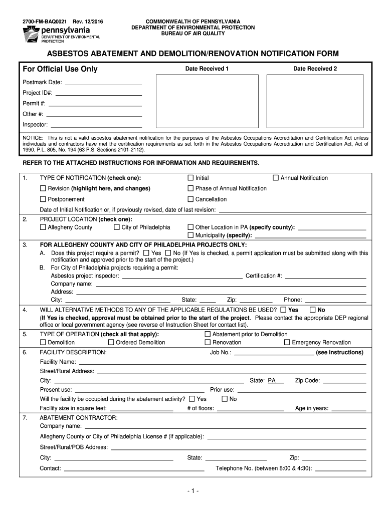 Fillable Online Asbestos Abatement & Demolition/Renovation Notification ...