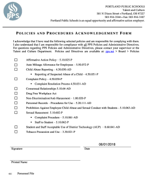 Fillable Online policies and procedures acknowledgement form - Portland ...