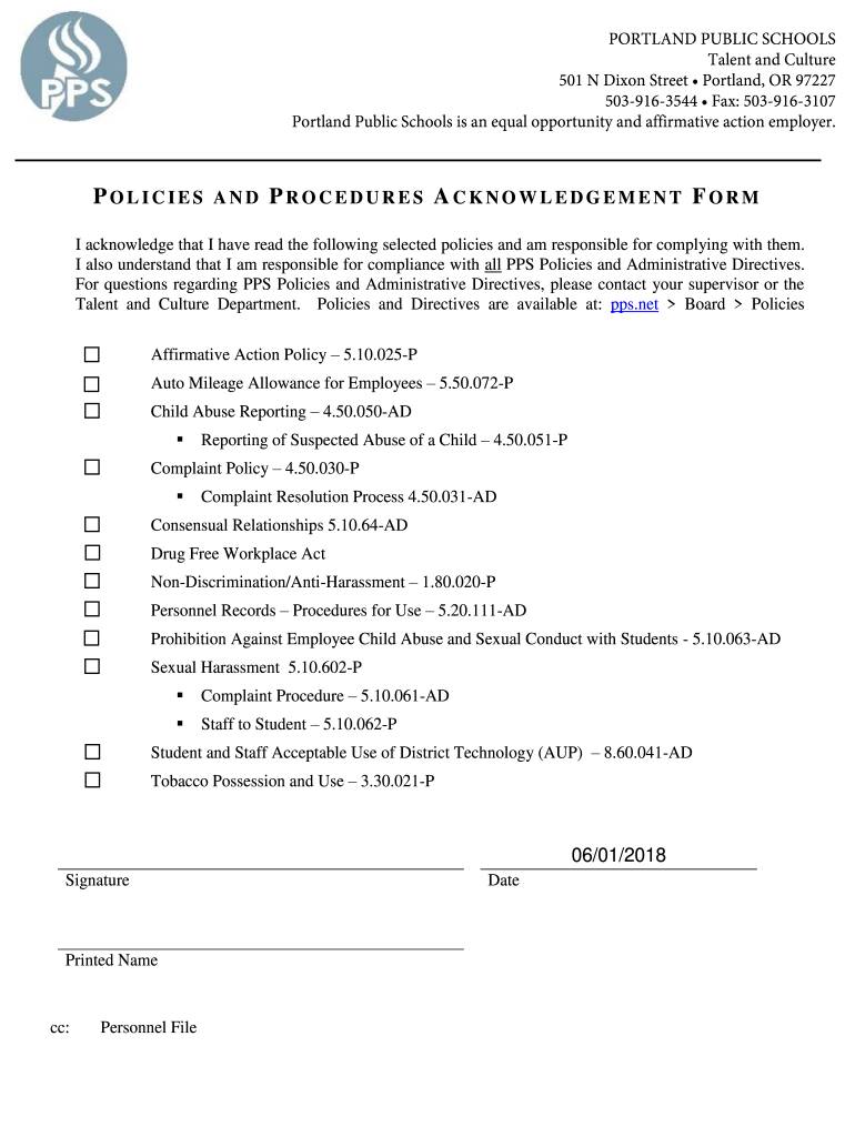 Fillable Online policies and procedures acknowledgement form - Portland ...