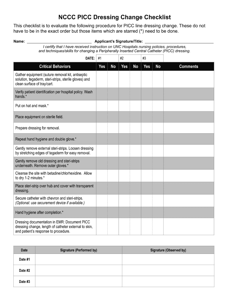 Fillable Online NCCC PICC Dressing Change Checklist Fax Email Print ...