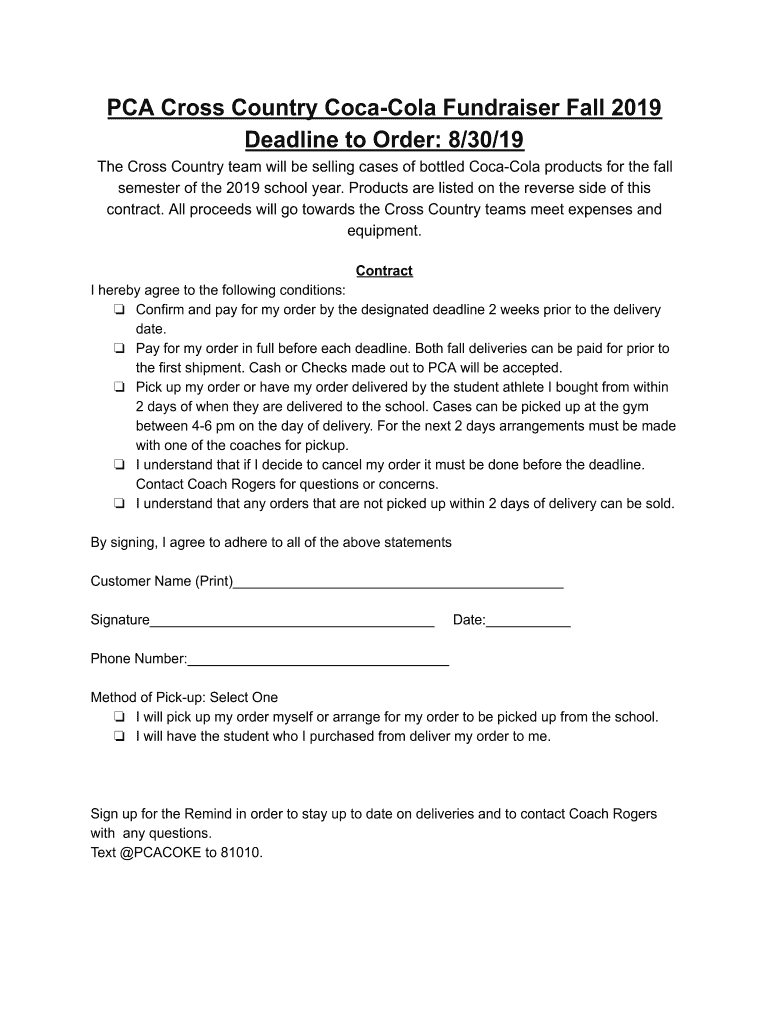 Fillable Online PCA Cross Country Coca-Cola Fundraiser Fall 2019 Fax ...