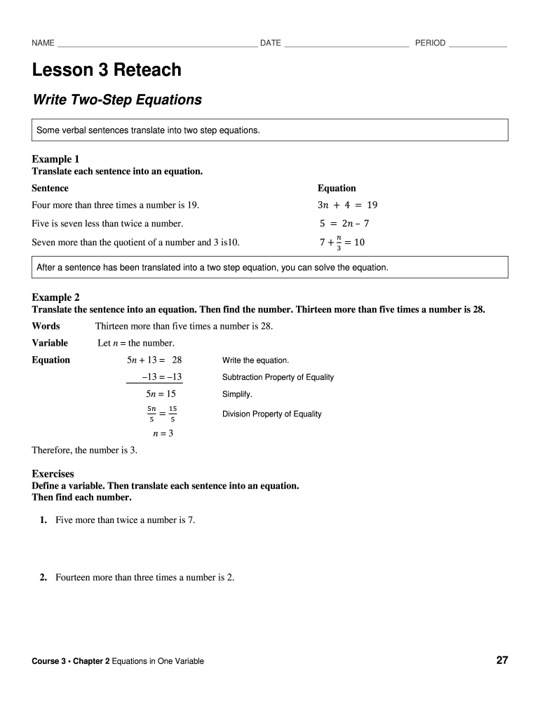Fillable Online Some verbal sentences translate into two step equations ...