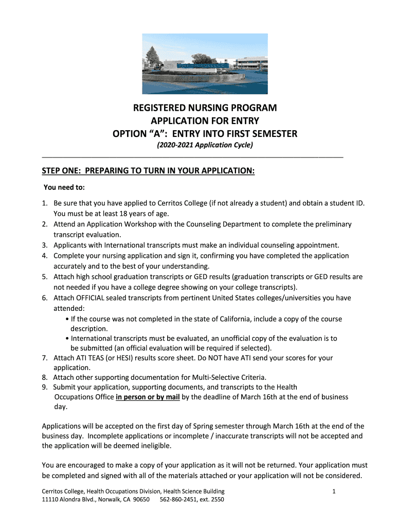 Fillable Online Nursing Option A Application 2020 Fax Email Print ...