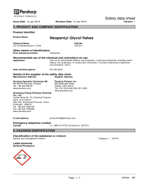 Fillable Online Safety data sheet Neopentyl Glycol flakes - Perstorp ...