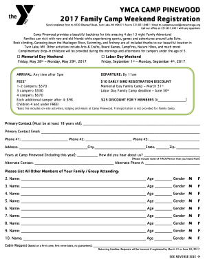 Fillable Online YMCA CAMP PINEWOOD 2017 Family Camp Weekend ...