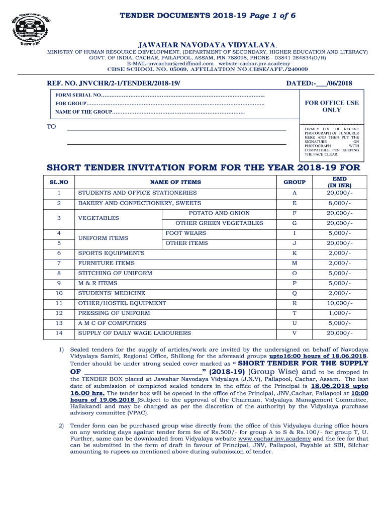 Fillable Online short tender invitation form for the year 2018-19 for ...
