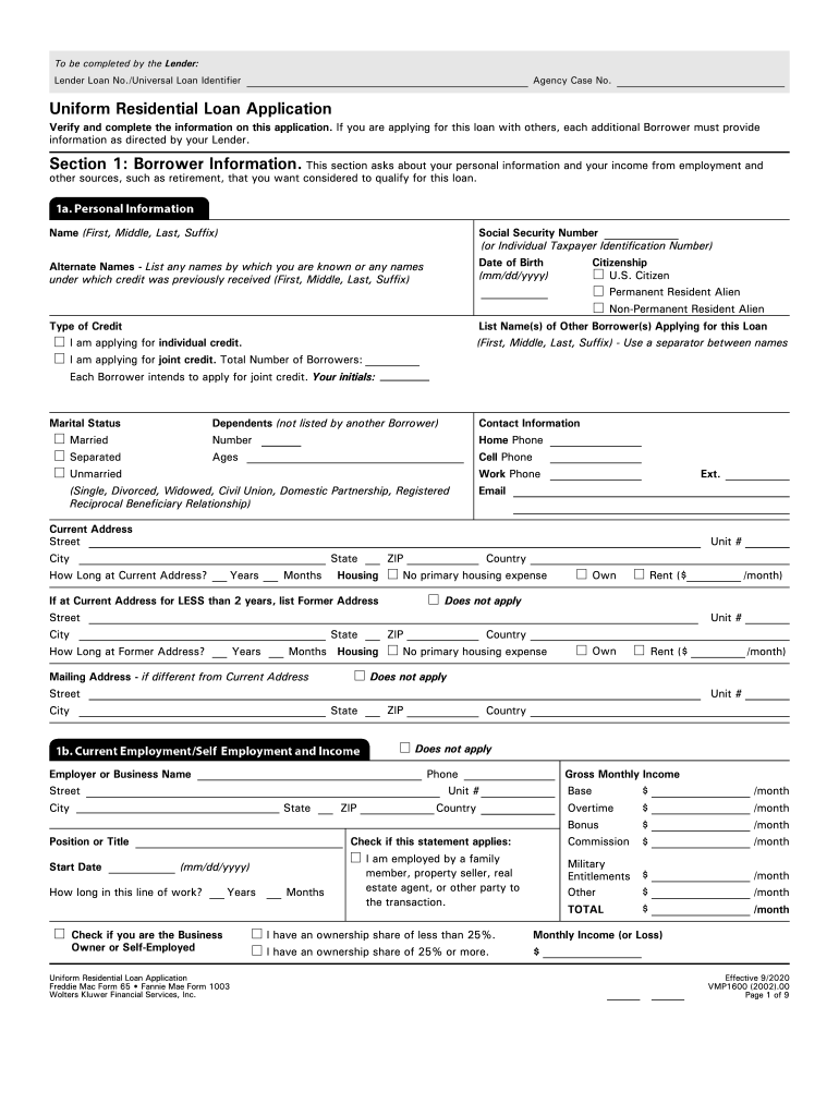 Fillable Online VMP1600. Uniform Residential Loan Application - Borrower Information Fax Email ...