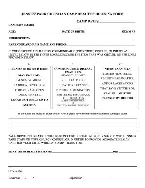 Fillable Online JENNESS PARK CHRISTIAN CAMP HEALTH SCREENING FORM Fax ...