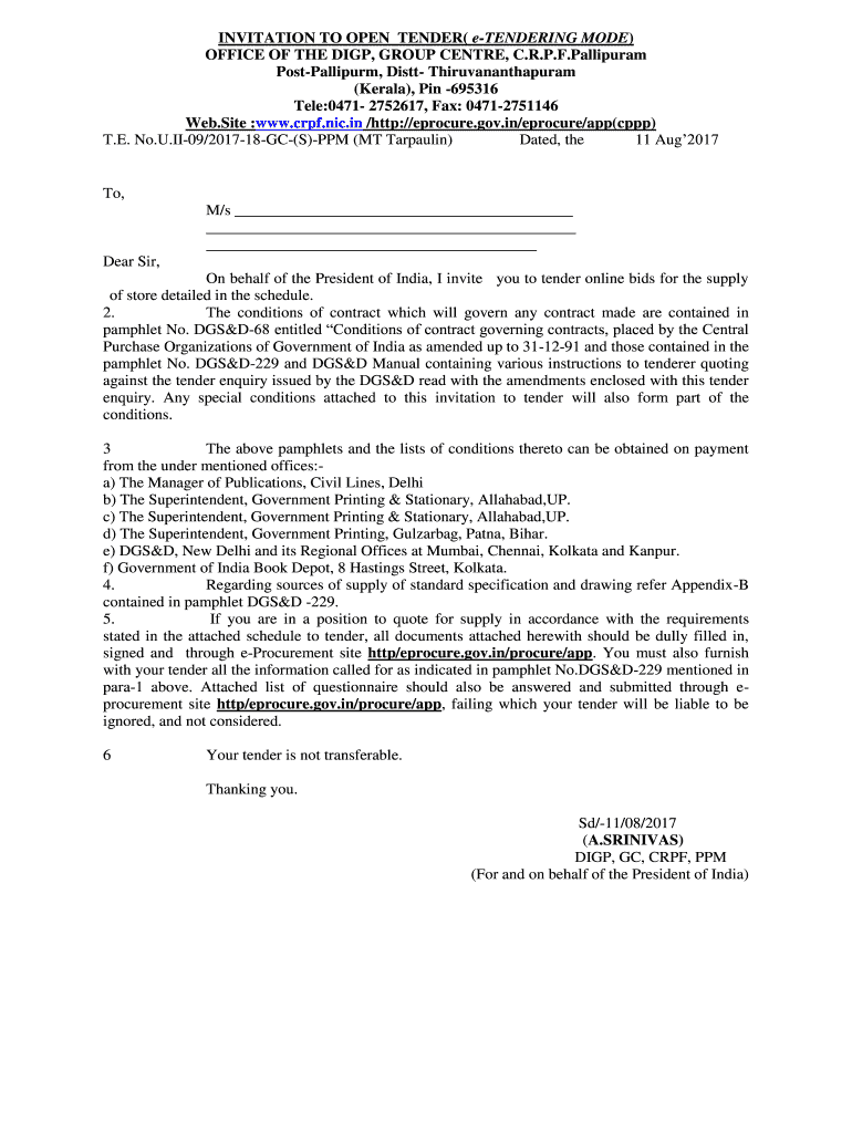 Fillable Online INVITATION TO OPEN TENDER( e-TENDERING MODE) - CRPF Fax ...