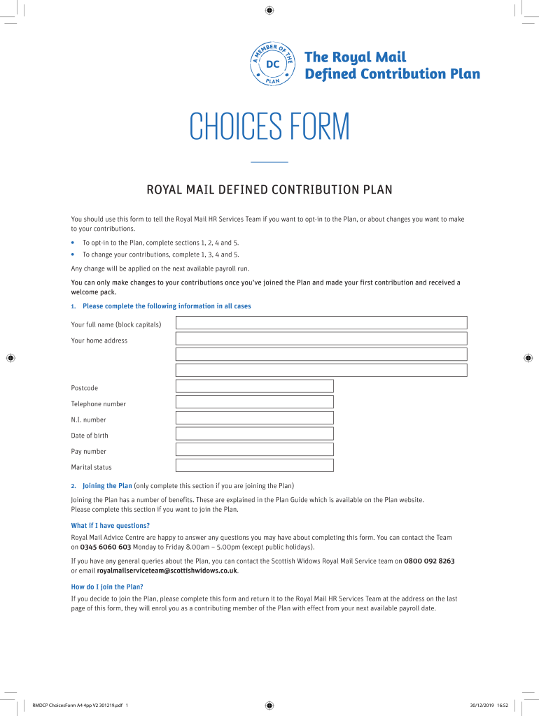 Fillable Online wd0870 royal mail defined contribution plan changes ...