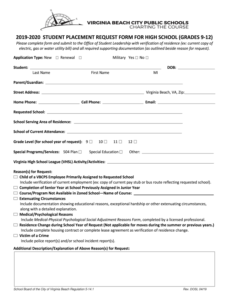 Fillable Online 2019-2020 STUDENT PLACEMENT REQUEST FORM FOR HIGH ...