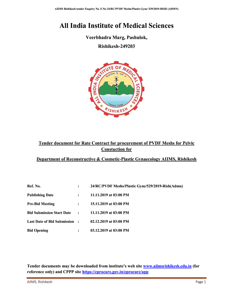 Fillable Online Tender - AIIMS - All India Institute Of Medical Science ...