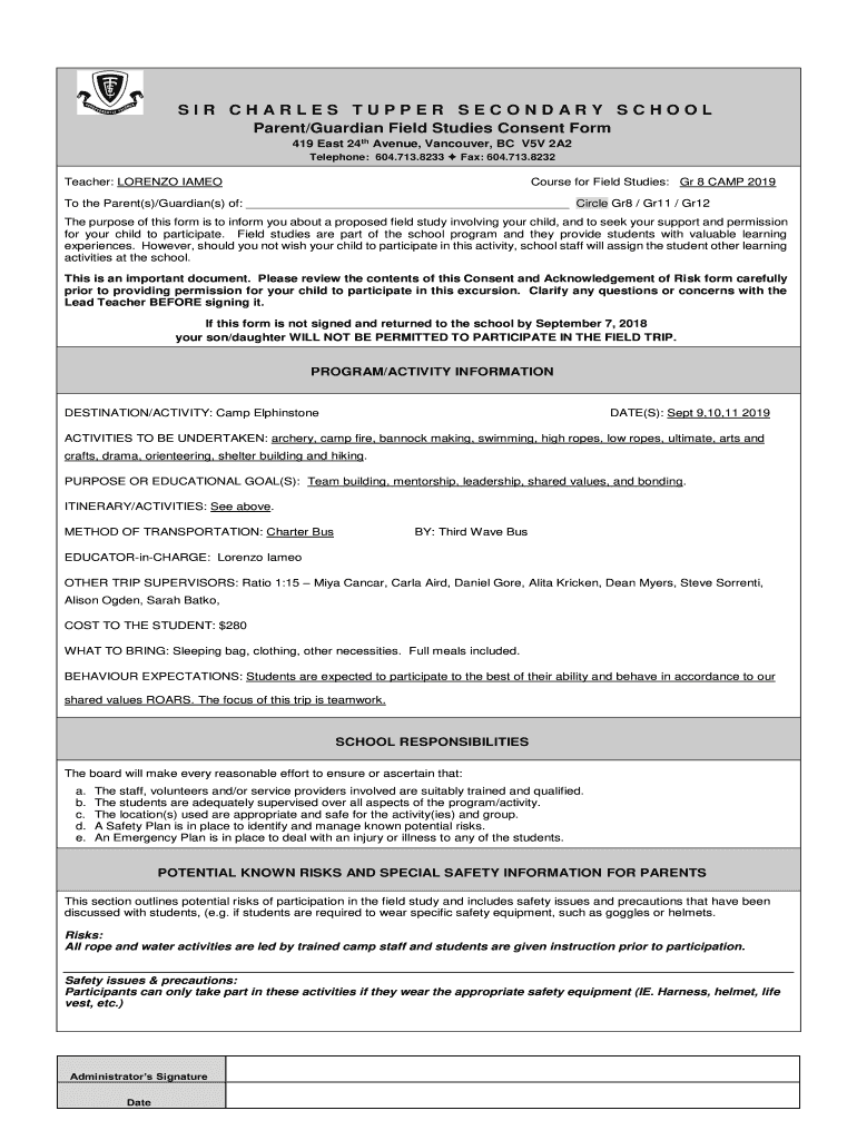 Fillable Online Vancouver Board of Education Parent/Guardian Field Trip Consent Form Template ...