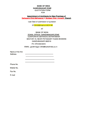 Fillable Online BANK OF INDIA GANDHINAGAR ZONE QUOTATION FORM ... Fax ...