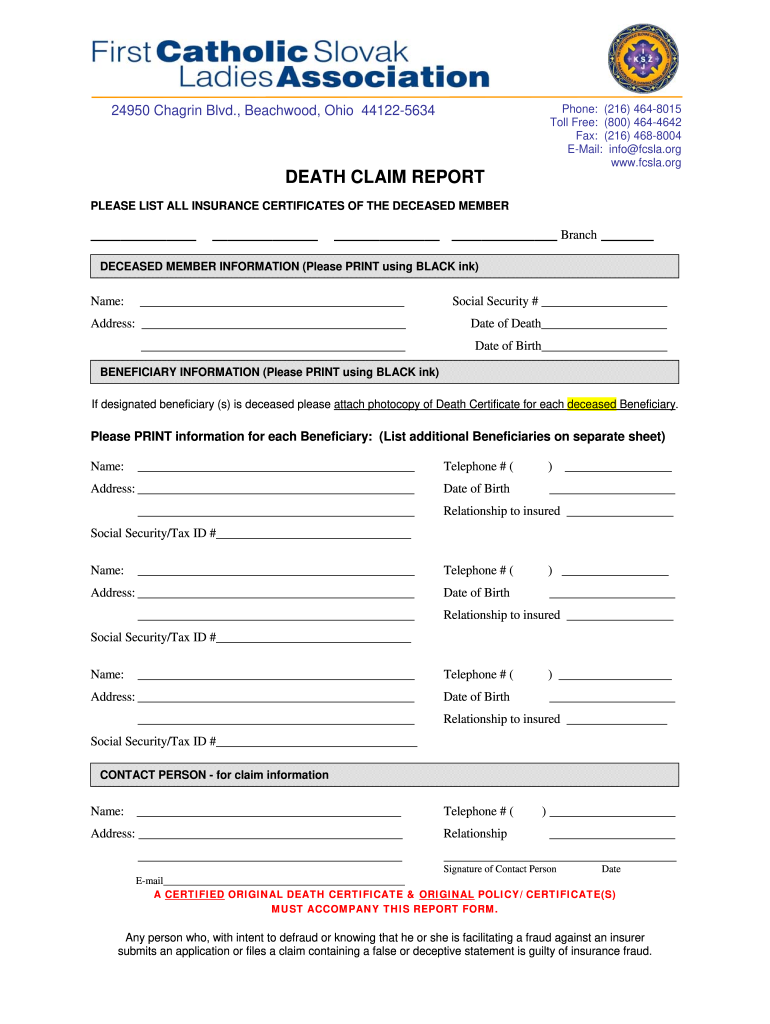 Fillable Online Death Claim Report Form - First Catholic Slovak Ladies ...