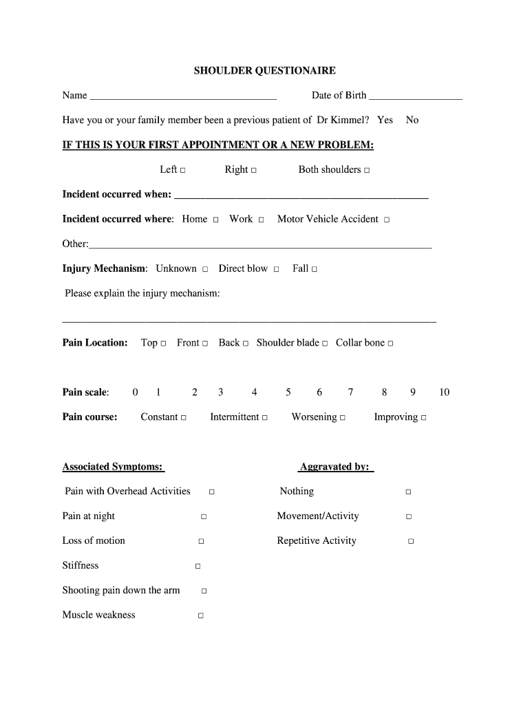 Fillable Online SHOULDER QUESTIONAIRE IF THIS IS YOUR FIRST APPOINTMENT ...