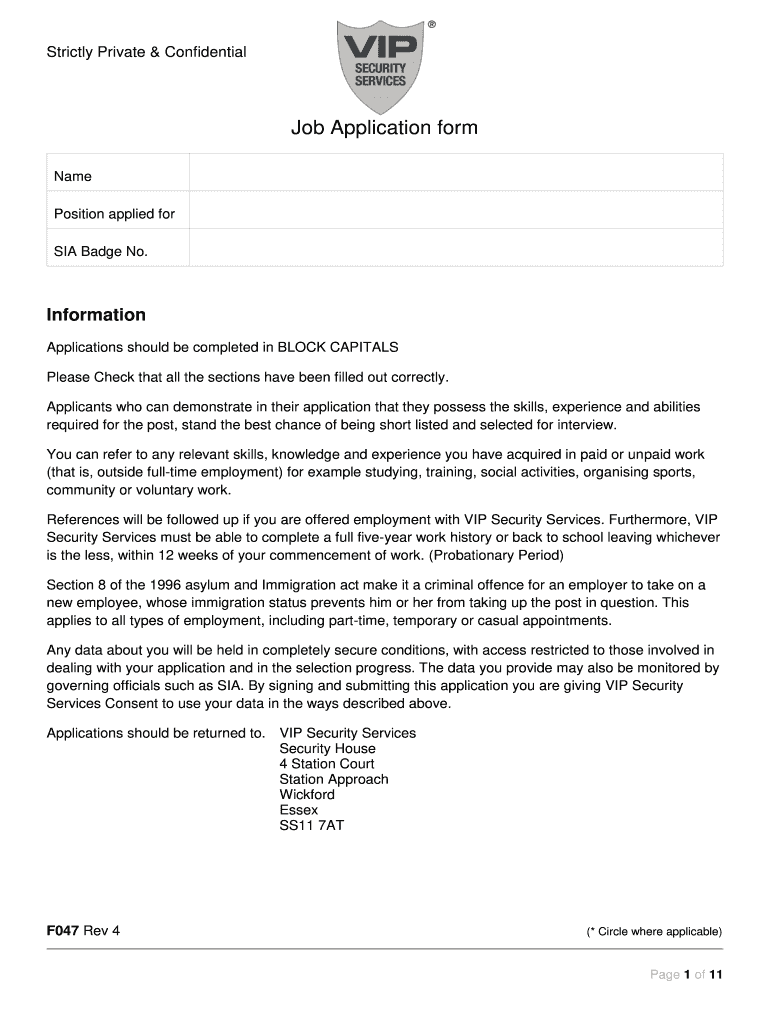 Fillable Online Job Application form - VIP Security Fax Email Print ...