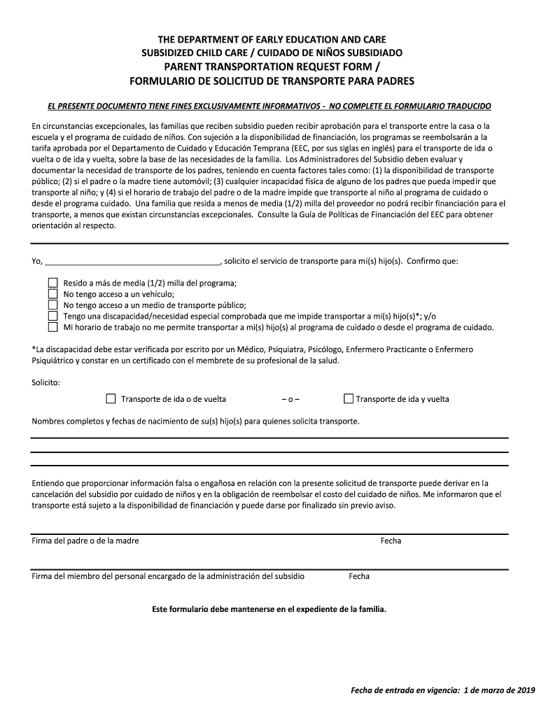 Fillable Online parent transportation request form / formulario de ...