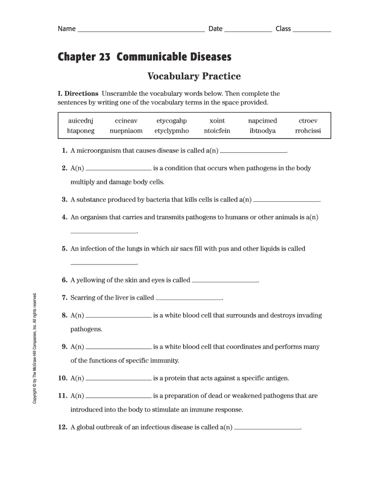 Fillable Online Communicable Diseases Vocabulary Practice. health ...