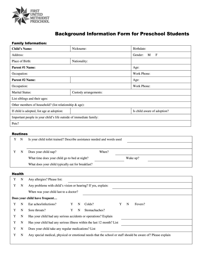 Fillable Online Background Information Form for Preschool Students Fax ...