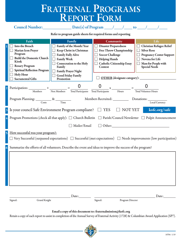 Fillable Online FRAT ERNAL PROGRAMS REPORT FORM - Knights of Columbus ...