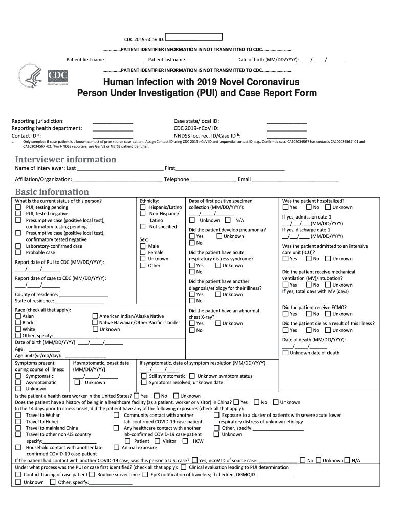 Fillable Online Free fillable CDC Covid-19 PUI Form PDF form - Fill Fax ...