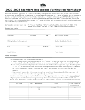 Fillable Online 20202021 Standard Dependent Verification Worksheet Fax Email Print - pdfFiller
