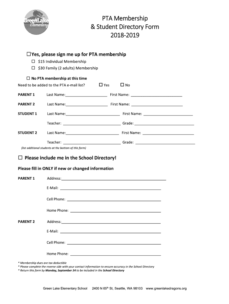 Fillable Online PTA Membership & Student Directory Form 20182019 Fax ...
