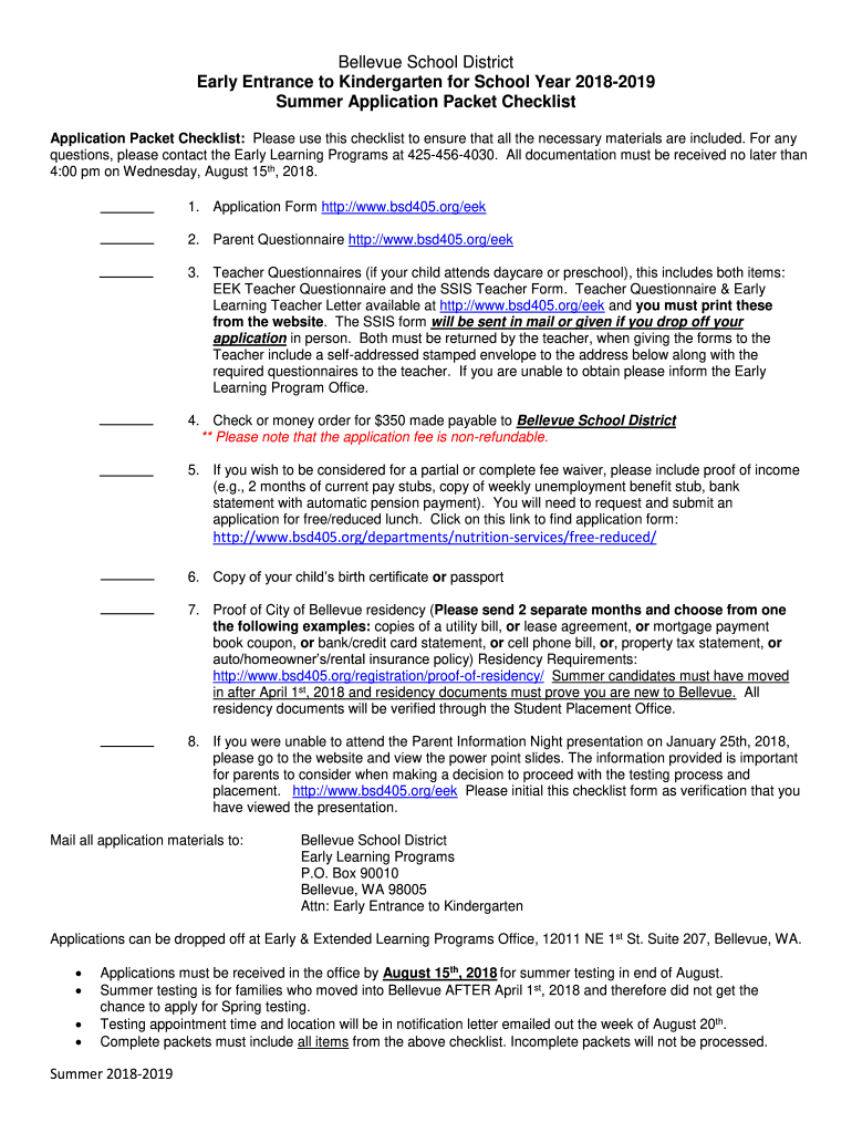 Fillable Online Early Entrance to Kindergarten 2018-2019 Summer Application Packet Checklist Fax ...