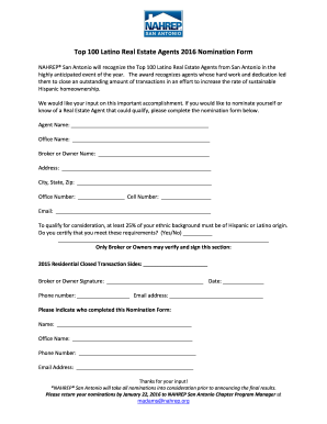 Fillable Online Top 100 Latino Real Estate Agents 2016 Nomination Form ...