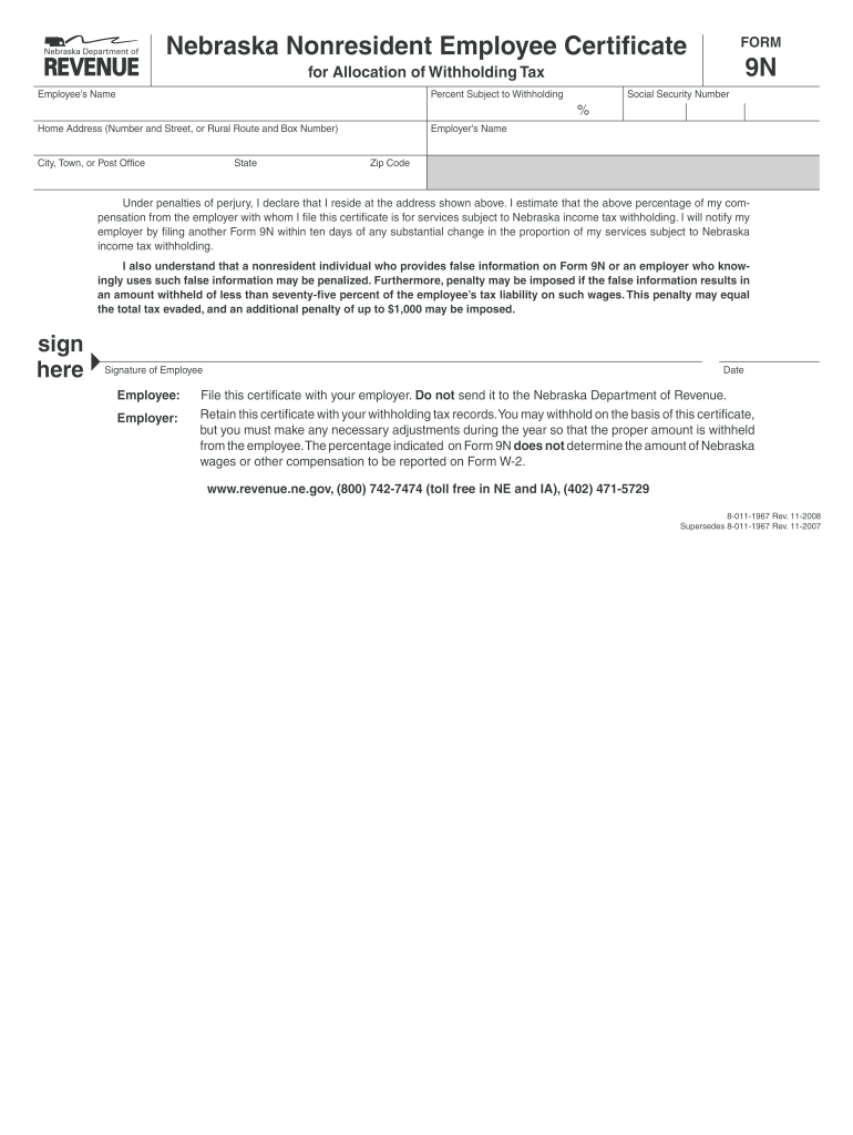 Fillable Online Nebraska Income Tax Withholding Certificate for ...