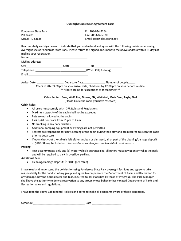 Fillable Online Overnight Guest User Agreement Form Ponderosa State ...