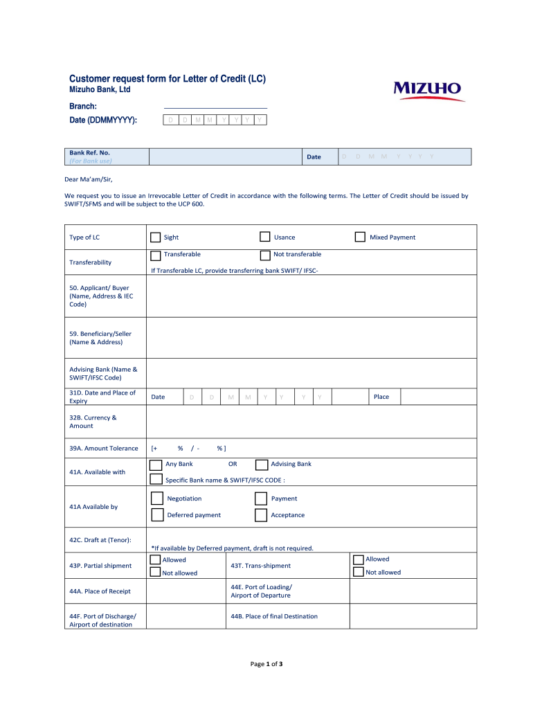 Fillable Online Customer request form for Letter of Credit (LC ...