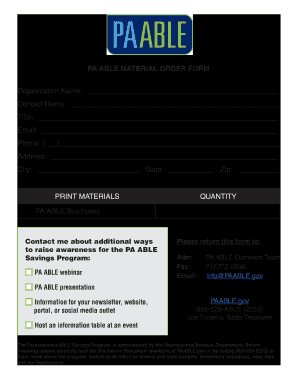 Fillable Online PA ABLE MATERIAL ORDER FORM Fax Email Print - pdfFiller