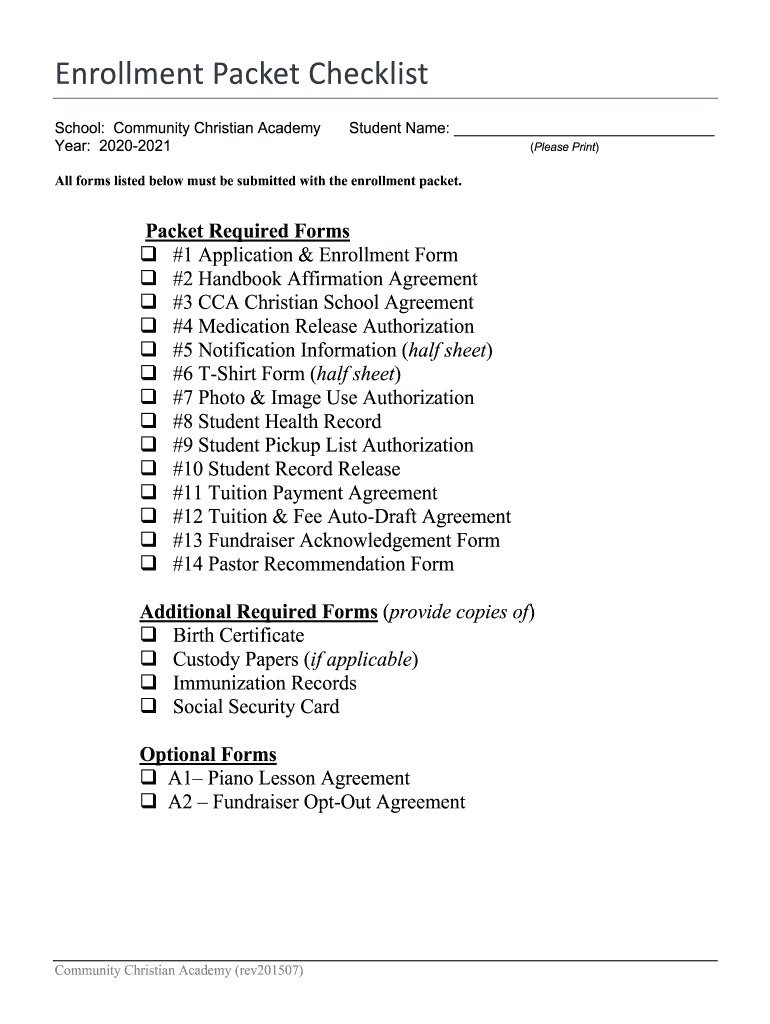 Fillable Online Enrollment Packet Checklist - Community Christian ...