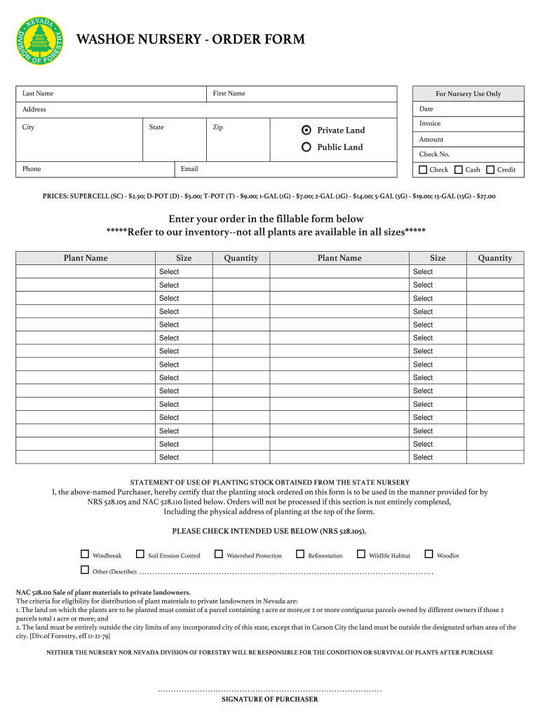 Fillable Online Washoe Nursery Order Form Fax Email Print - pdfFiller