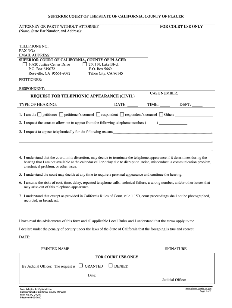 Fillable Online REQUEST FOR TELEPHONIC APPEARANCE (CIVIL) Fax Email ...