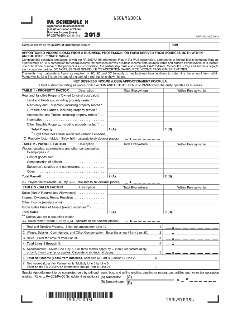 Fillable Online 2015 PA Schedule H - Apportioned Business Income (Loss ...