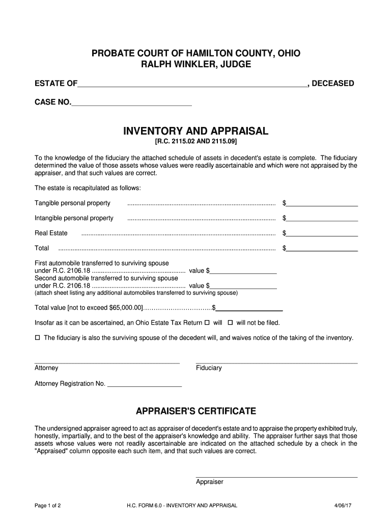 Fillable Online Justia :: Inventory And Appraisal :: Ohio :: Probate ...
