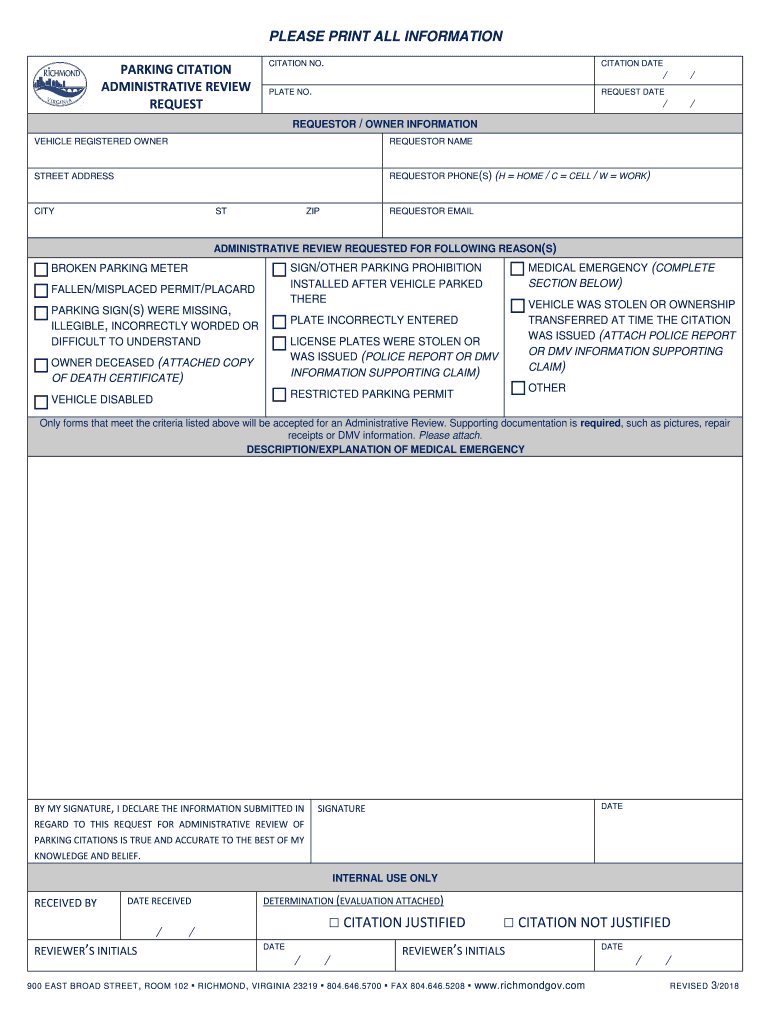 Parking Citation Administrative Review Request - City of: Fill out ...